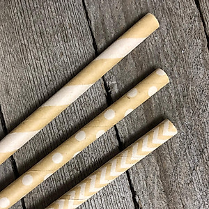 Paper Straws - Kraft Brown - Stripe Chevron Dot - 7.75 Inches - 150 Pack Outside the Box Papers