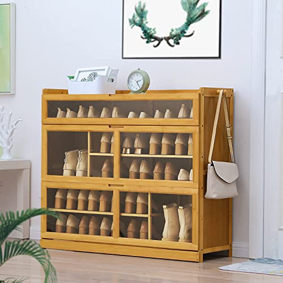 MoNiBloom Bamboo 5 Tier Shoe Storage Cabinet with Acrylic Doors & Tall Compartment for Boots Shoes Rack Organizer for 21-24 Pairs Entryway Living Room, Natural