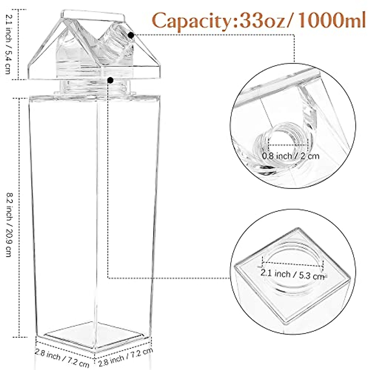 ZORRITA 2 Pack 17oz Milk Carton Water Bottles Clear Plastic Square Water Bottles with Straw, Brush and 50pcs Stickers Reusable for Juice, Ice Water