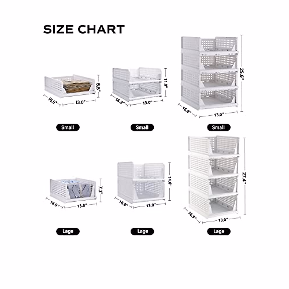 WDPUCHU Stackable Plastic Storage Basket-Foldable Closet Organizers and Storage Bins - Drawer Shelf Storage Container for Wardrobe Cupboard Kitchen Bathroom Office (White Small-4 Pack)