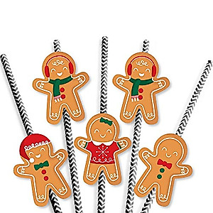 Big Dot of Happiness Gingerbread Christmas - Paper Straw Decor - Gingerbread Man Holiday Party Striped Decorative Straws - Set of 24