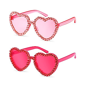 TOODOO 2 Pairs Rhinestone Heart Sunglasses Red Heart Shape Rimless Sunglasses for Women Transparent Heart Glasses (Pink, Rose Red)