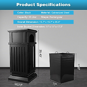 IRONWALLS Commercial Trash Can with Lid, Black Outdoor Garbage Can for Patio, Side Opening Steel Square Commercial Waste Bin, Decorative Trash Container with Removable Inner Bucket for Park, Garden