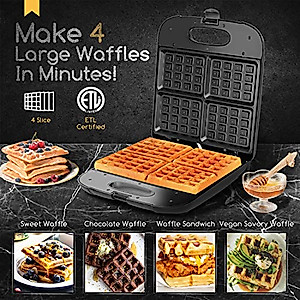 Aigostar Waffle Maker, 4-Slice Non-Stick Belgian Waffle Iron, 1400W Square Waffle Machine with Indicator Lights, Easy to Clean, PFOA Free, Compact Design, ETL Certificated, Black