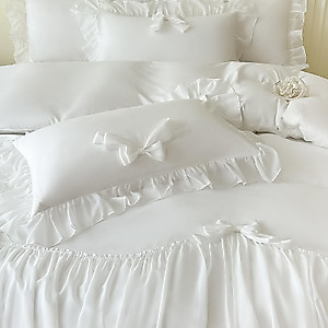 Rvciby White Bow Duvet Cover Queen Size,3PCS Soft Microfiber Bedding Set,Romantic French Bedding with Chiffon Lace and Cute Bows,Corner Ties&Zipper Closure (90"x90"-1 Duvet Cover,2 Pillow Cases)