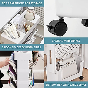 YEMUNY 5 Tier Rolling Utility Cart Multi-Functional Movable Storage Book Shelves with Lockable Casters for Study Office Kitchen Classroom, White