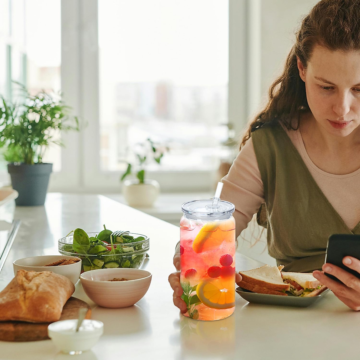 16 Oz Acrylic Plastic Can Tumbler, 6 Pack Plastic Clear Cup Beer Can, Plastic Mason Jar with Clear Lid