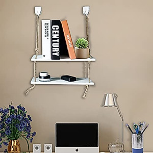 JUNNAN CAIHONG Hanging Shelves for Wall, 2 Tier Floating Shelves Wood Wall Shelves, Wall Mounted Rope Shelves for Storage and Display in Bedroom Living Room Bathroom Kitchen Office and More