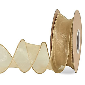 TONIFUL 1-1/2 Inch Wide Gold Wired Chiffon Ribbon Sheer Organza Ribbons for Crafts Floral Bouquets Wedding New Year Eve Party Decorations Valentine's Day Gift Wrapping Bow Making Tree Wreaths (10yd)