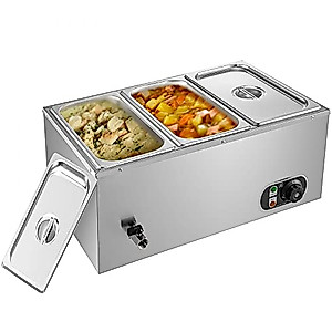 Commercial Food Warmer 110V, 3-Pan Electric Steam Table, Stainless Steel Buffet Bain Marie 16 Quart for Catering and Restaurants