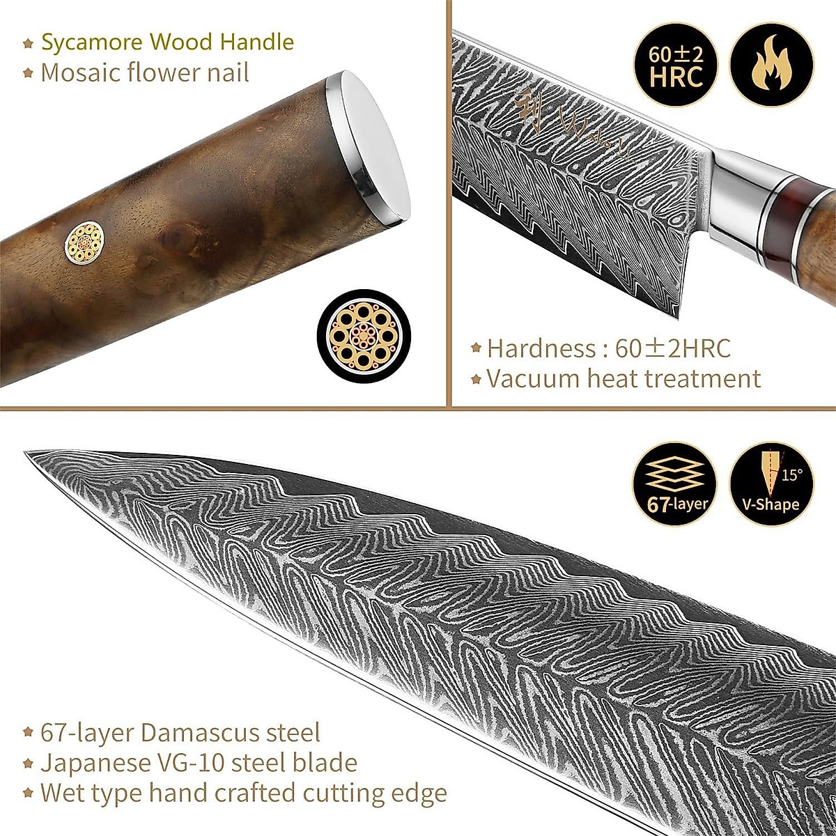 Wakoli Knife Block Sets, 5 Pieces Chef Knife Set with Block - Damascus Kitchen Knife Set with Magnetic Knife Block, Professional Kitchen Knife Block Set with Sycamore Wood Handles (Culinary Sycamore)