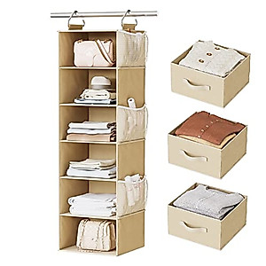 Pipishell Hanging Closet Organizer 6-Shelf, Hanging Shelves for Closet with 3 Removable Drawers & Side Pockets, Hanging Shelf Organizer for Bedroom or Garment Rack, 12'' x 12'' x 43.3'', Beige