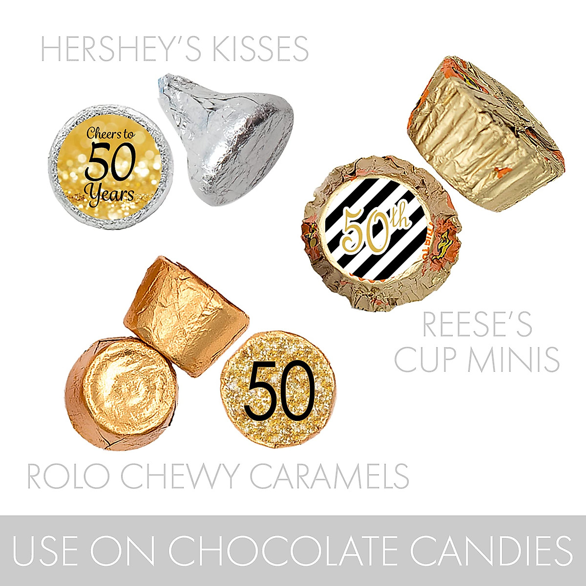 Black and Gold 50th Birthday Party Favor Chocolate Kisses Candy Stickers - 180 Labels