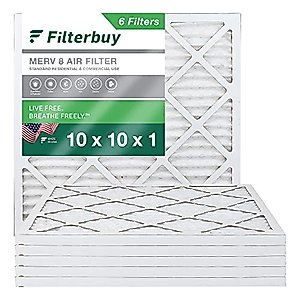 Filterbuy 10x10x1 Air Filter MERV 8 Dust Defense (6-Pack), Pleated HVAC AC Furnace Air Filters Replacement (Actual Size: 9.50 x 9.50 x 0.75 Inches)