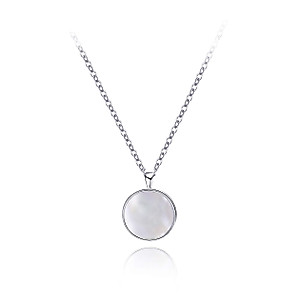 S.Leaf Minimalism Round Mother of Pearl Necklace Sterling Silver Circle Disc Pendant Shell Pendant (silver)