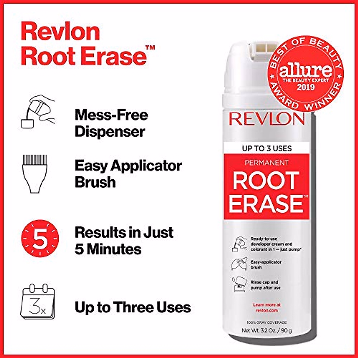 Revlon Permanent Hair Color, Permanent Hair Dye, At-Home Root Erase with Applicator Brush for Multiple Use, 100% Gray Coverage, Burgundy (4B), 3.2 Fl Oz