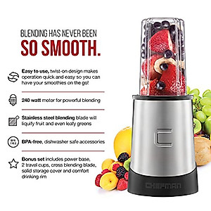 Chefman Personal Ultimate Kitchen Blender, Quick Portable Blending of Shakes, Smoothies, Baby Food & Juice, 2 Travel Cups, Cover & Drinking Rim, 6-Piece Set, Dishwasher-Safe Stainless-Steel Blade