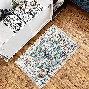 GEVES Cream Green Boho Area Rug Persian Oriental 2x3 Entryway Rugs for Bedroom Kitchen Bathroom Decor Doormat Washable Indoor Use Non-Slip Rubber Backing