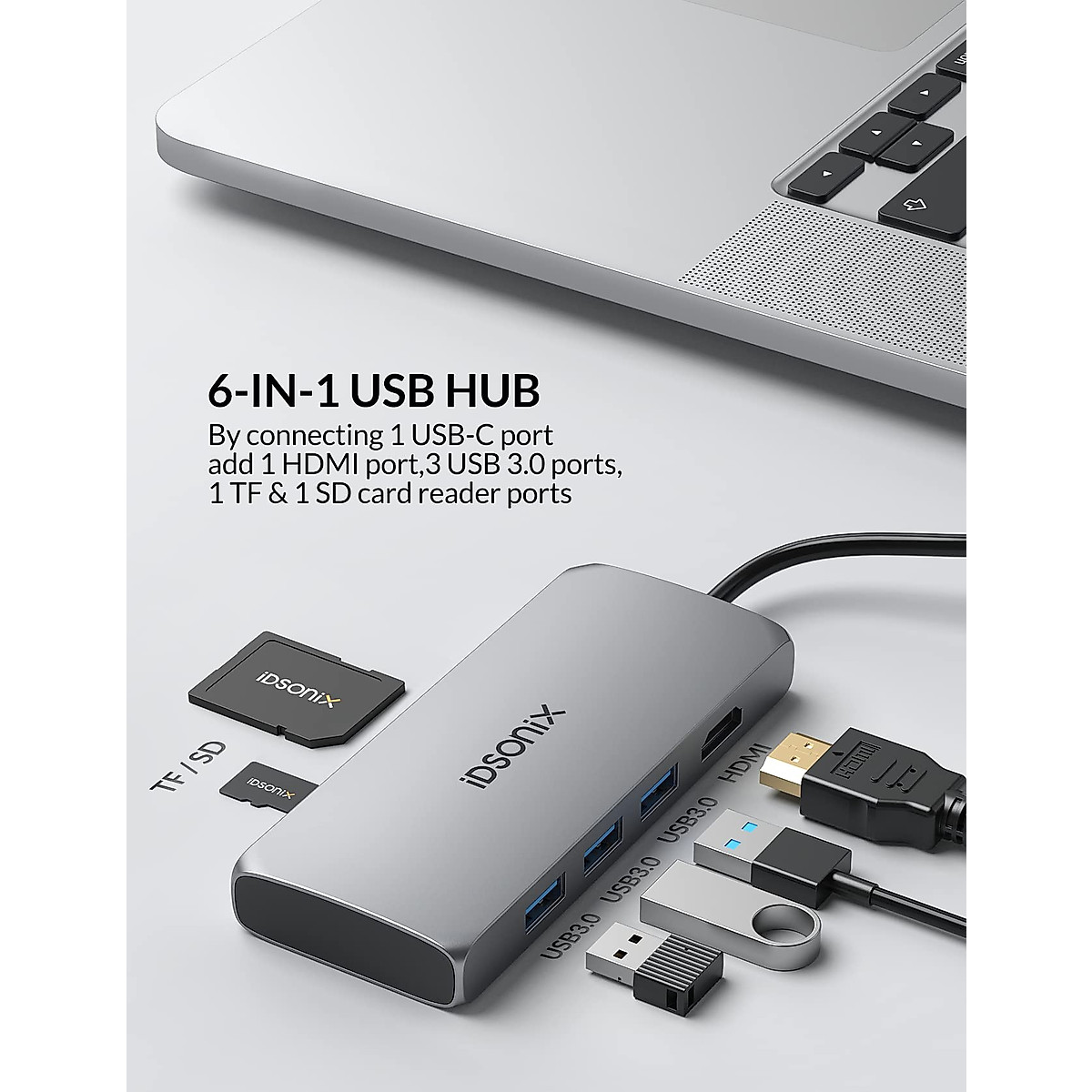 USB C Hub Multiport Adapter, Docking Station 6 in 1 USB-C Hub Adapter [4K HDMI-Compatible Output Port / 3 USB-A Ports/TF/SD Slots] Compatible with MacBook/ChromeBook/Surface Go/USB C Device