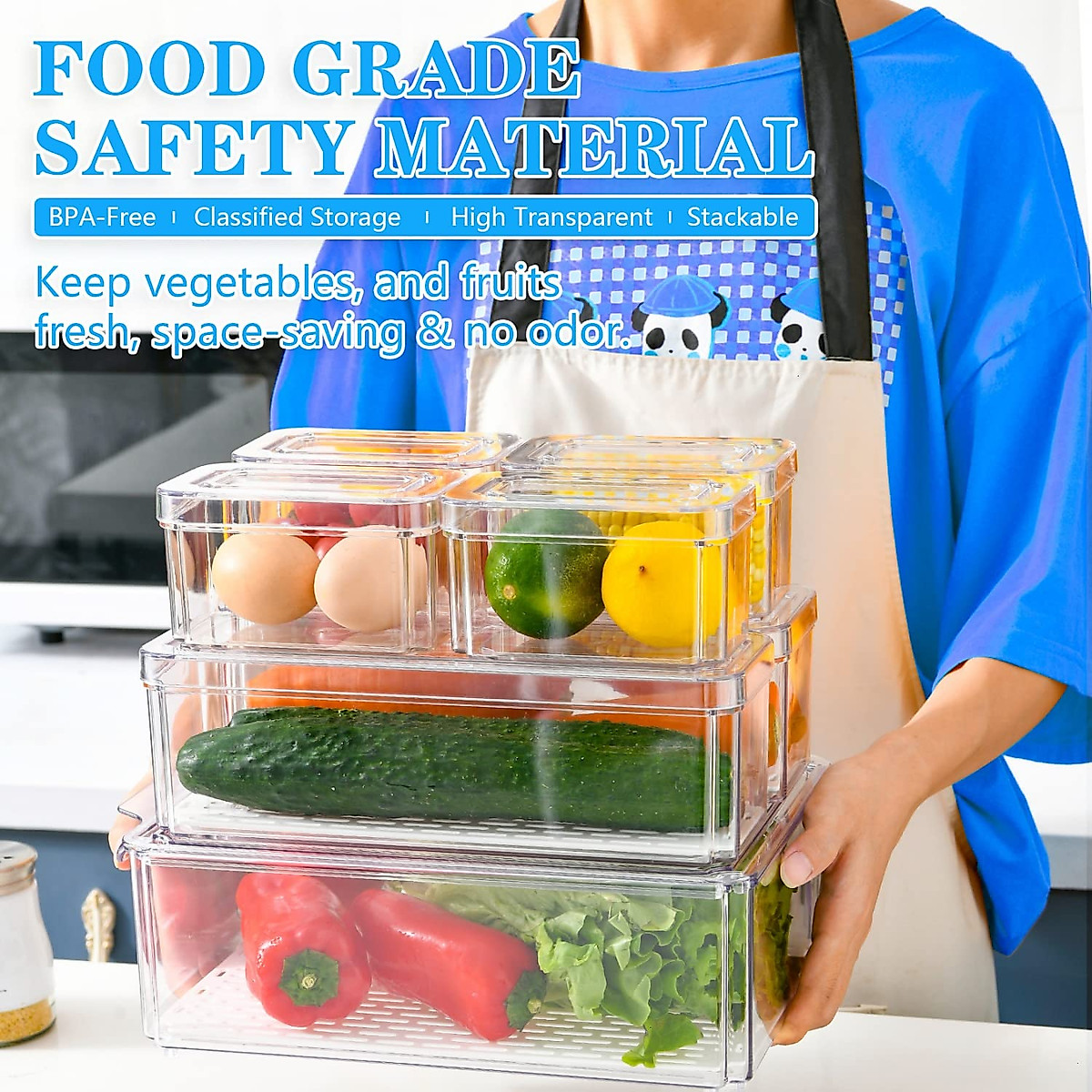 Pomeat 7 Pack Fridge Organizers, Stackable Refrigerator Organizer Bins with Lids, Plastic Storage Bins, BPA-Free Fridge Organizers and Storage Clear for Food, Drinks, Fruits, Vegetable Storage