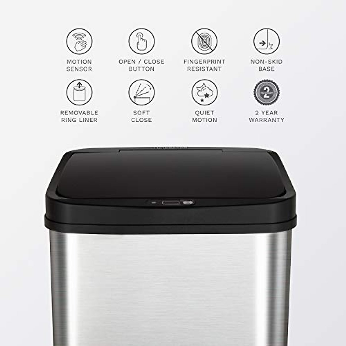 NINESTARS DZT-50-28 Automatic Touchless Motion Sensor Rectangular Trash Can, 13 Gal, Black Trim