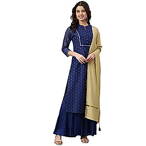 Janasya Women's Dark Blue Chanderi Silk Woven Kurta with Sharara and Dupatta(SET472-KR-SHA-S)