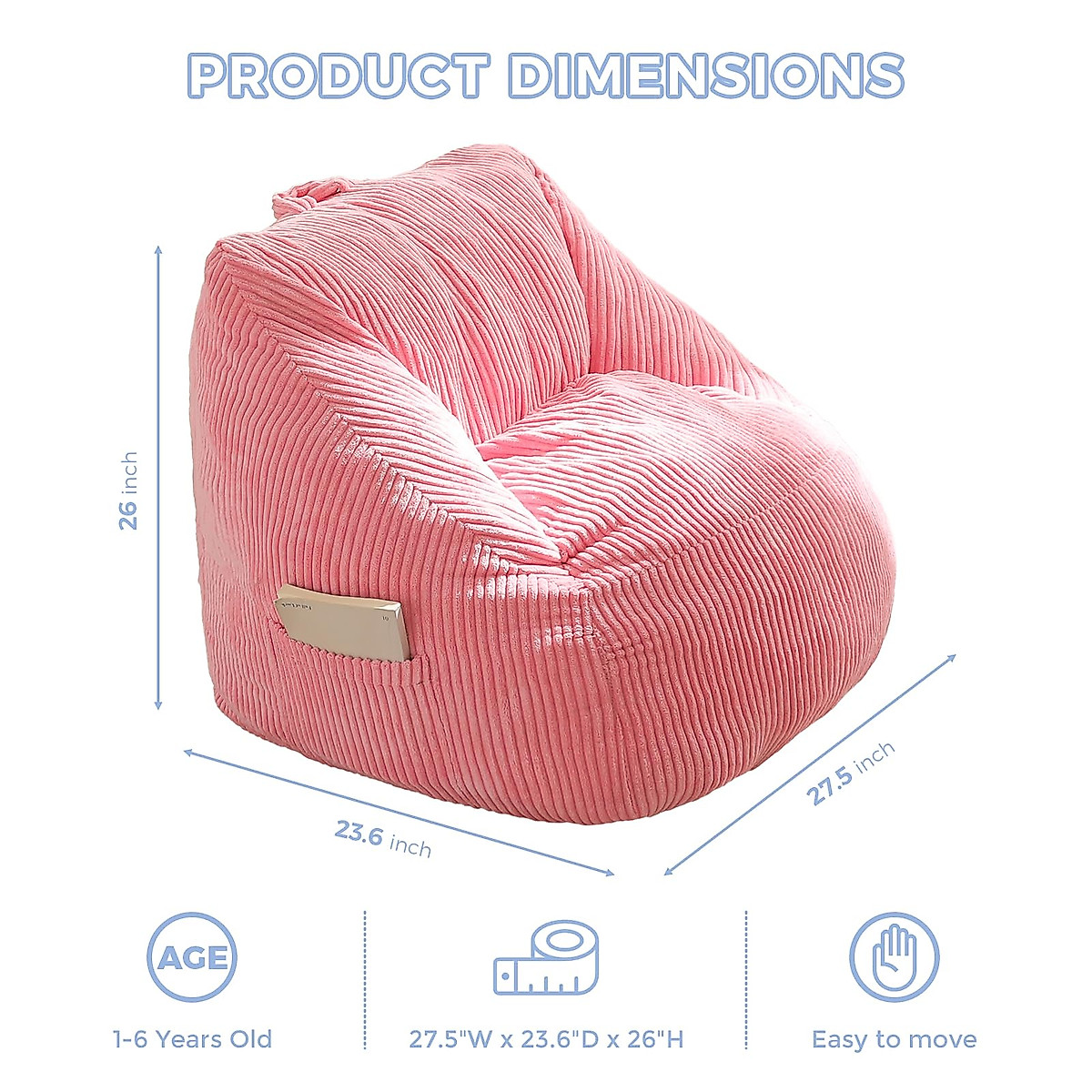 MAXYOYO Kids Bean Bag Chair, Bean Bag Couch with Handle, Comfy Toddler Chair for Boys and Girls, Accent Sofa Chair with Pocket for Gaming Reading Relaxing, Pink