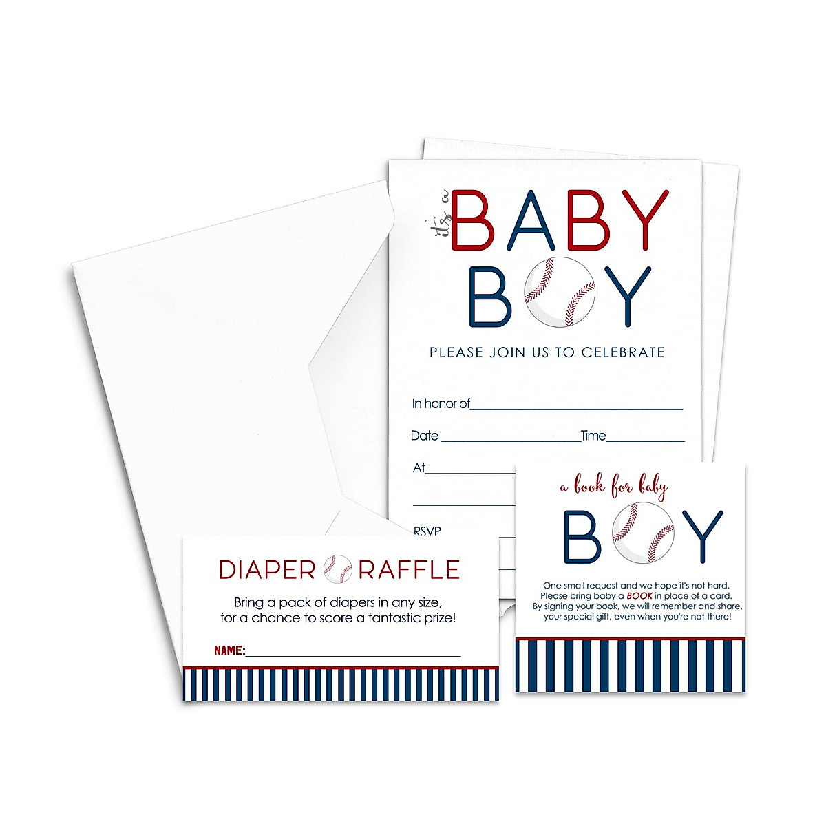 Paper Clever Party Baseball Baby Shower Invitation Bundle with Blank Invites with Envelopes for Boys Diaper Raffle Insert Bring a Book Cards Set (25 of each) Sports Theme Red and Blue Gender Reveal