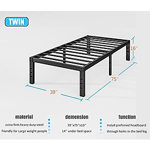 Sunnydaze Twin Bed Frames 16 Inch High Heavy Duty Steel Slats Without Headboard,No Box Spring Needed,Storage Underneath,Noise Free,Easy Assembly,Black
