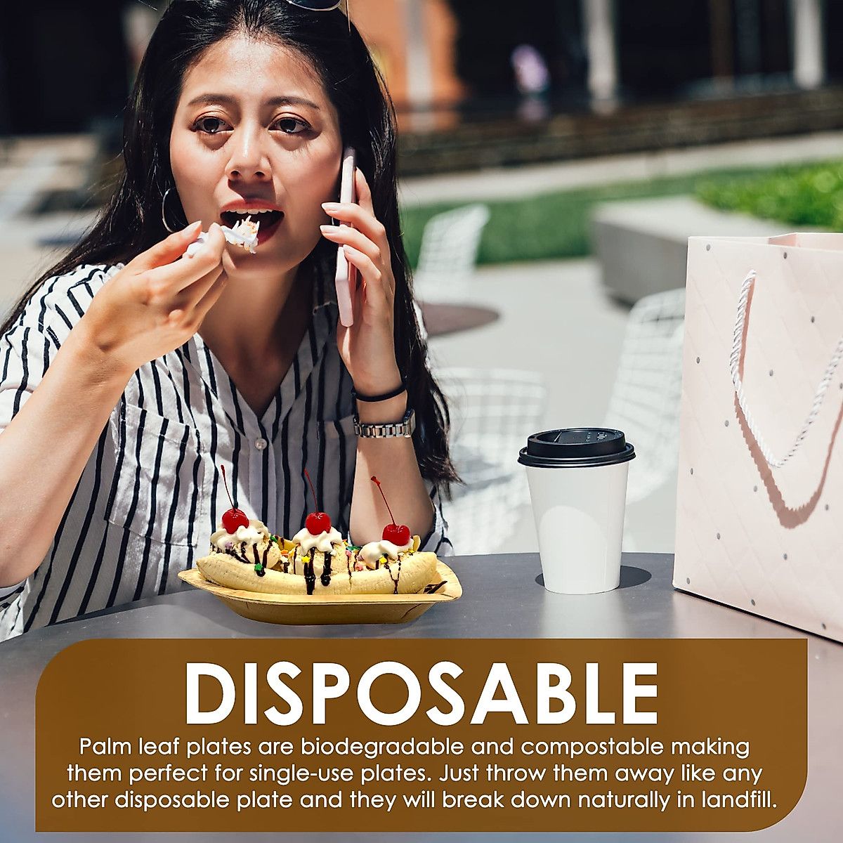 Eco Aries Banana Split Palm Leaf Boat Plate, Dessert Plates from Fallen Palm Leaves, Liquid-Proof, Heat & Cold Resistant Boat Dishes Pack of 25 (10OZ.)