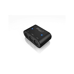 IK Multimedia iRig MIDI 2 universal MIDI interface with In, Out, and THRU ports, activity indicators for iPhone, iPad, Android, Mac, PC