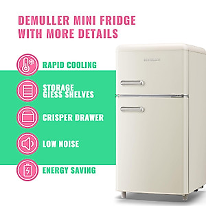 DEMULLER 3.5 Cu.ft Retro Mini Fridge with Freezer Dual Doors & Handles Compact Refrigerator with 7 Thermostat Control Freestanding Small Fridge with LED Light Cream