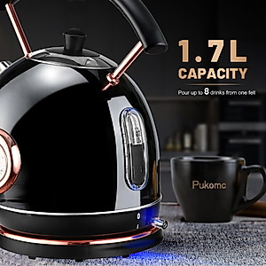 Pukomc Retro Electric Kettle 1.7L, Stainless Steel Portable Fast Boiling, Cordless with LED Light, Unique Appearance with Temperature Gauge, Auto Shut-Off&Boil-Dry Protection (Black)