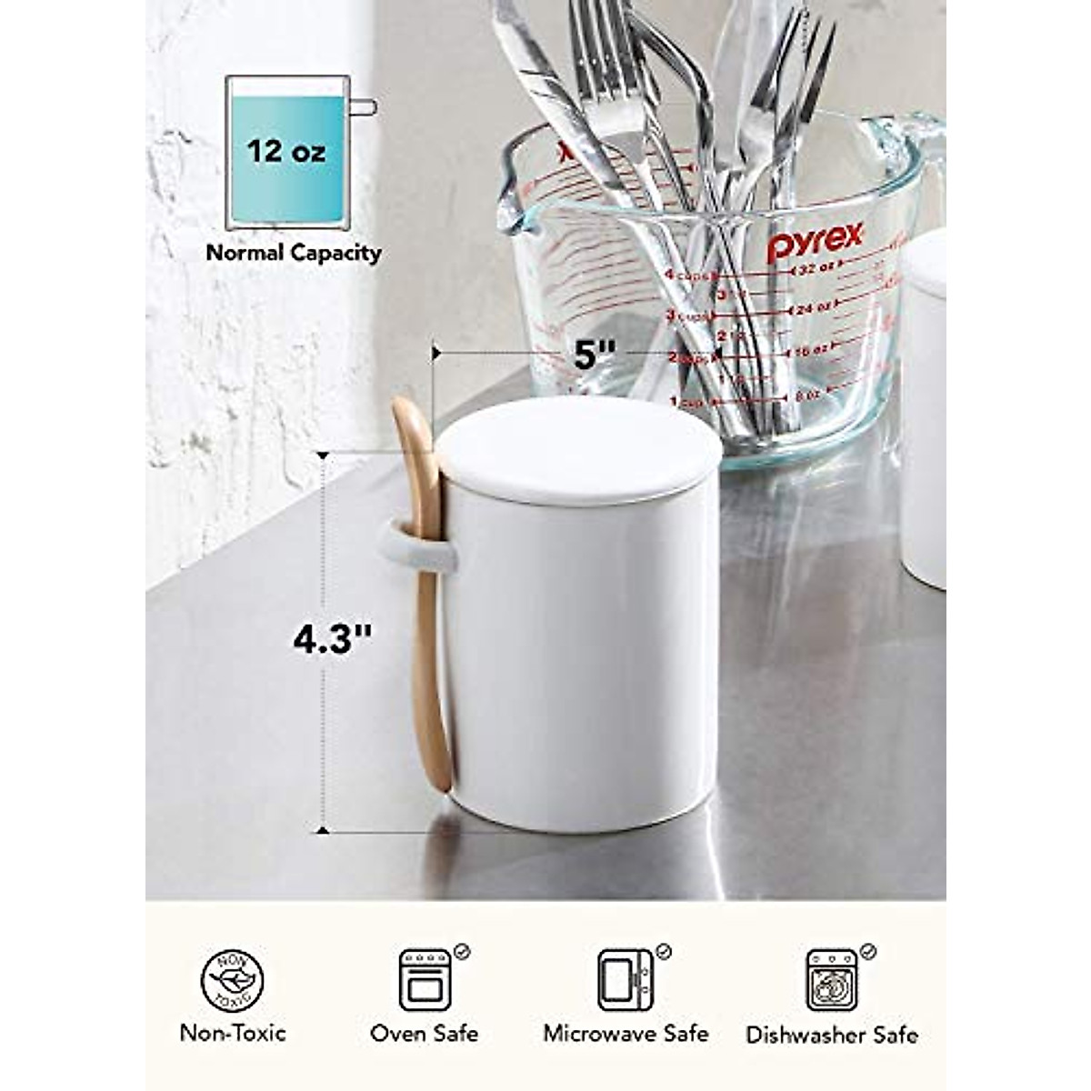 LE TAUCI Sugar Bowl with Lid and Spoon, Ceramic Sugar Bowl, Sugar Jar for Kitchen, Coffee bar, Countertop, 12 oz Salt Container, Modern Farmhouse Kitchen Decor, White