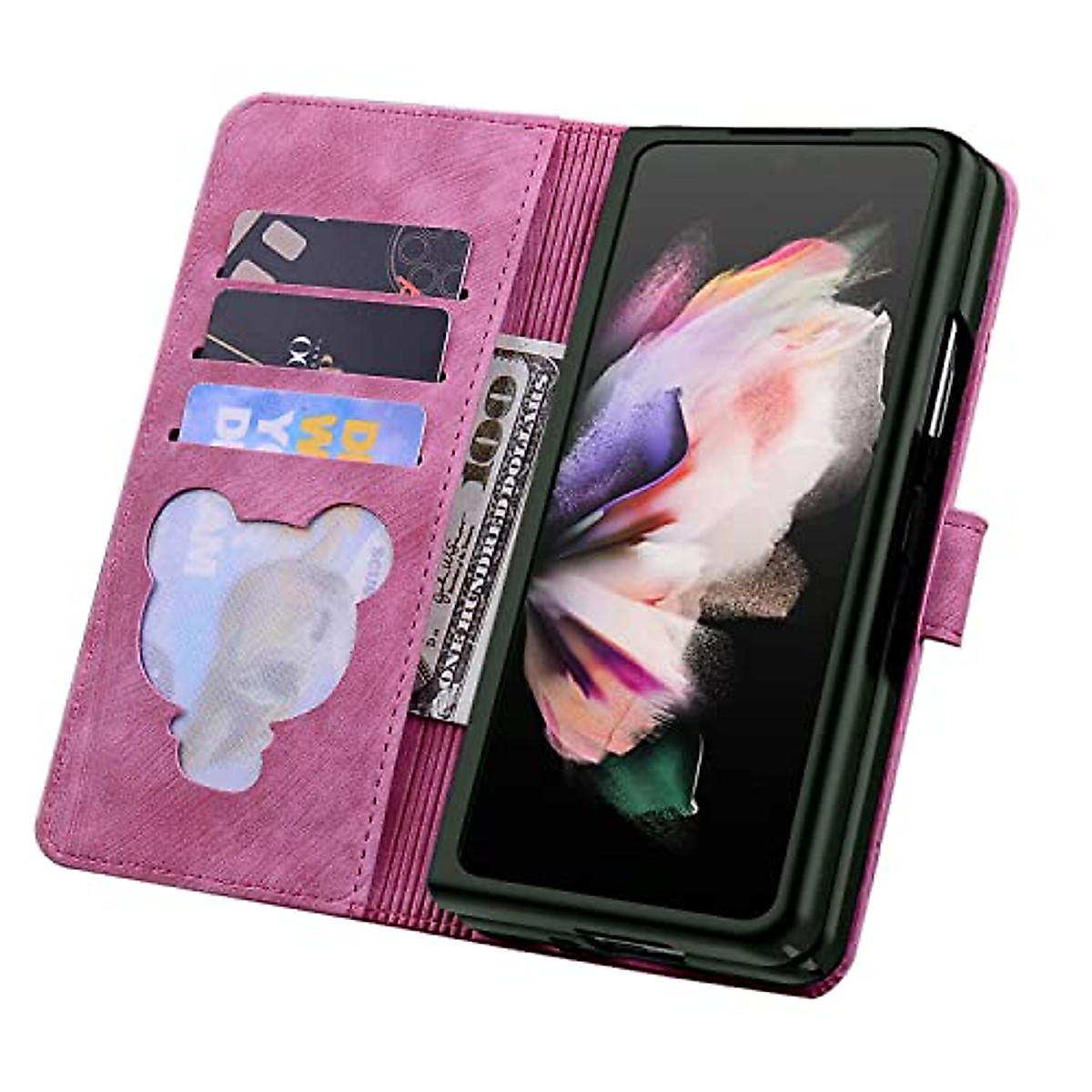 EAXER for Samsung Galaxy Z Fold 3 Case, Shockproof Sakura Leather Card Slots PU Wallet Case Cover (Rose)