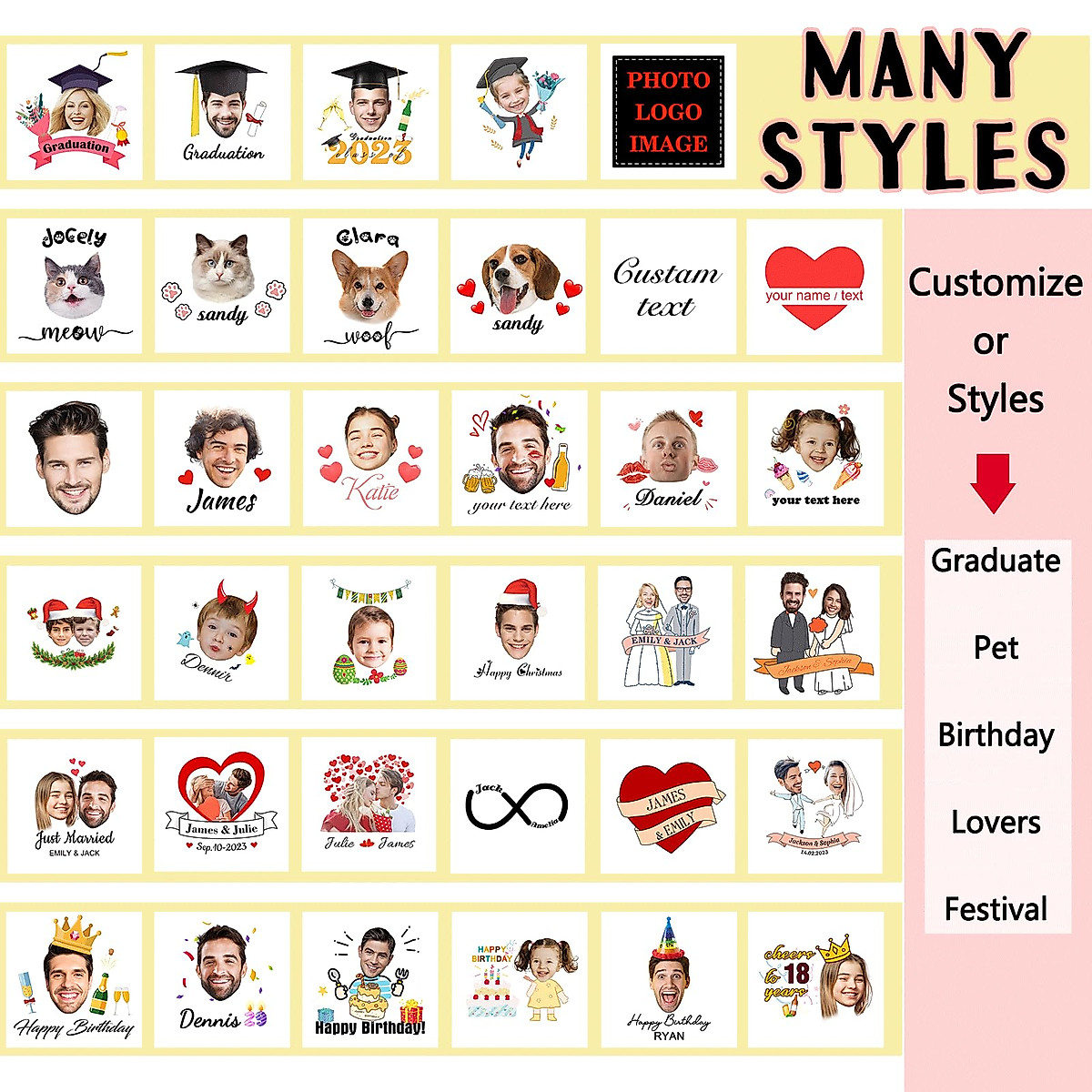 Custom Temporary Tattoos Personalized Tattoos with Photo Face Name Logo Customized for Adults Kids Women Men Gift Wedding Birthday Xmas Bachelorette Party Graduation Decor Text