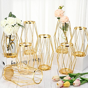 Lallisa 8 Pcs Gold Flower Vase Glass Vase Metal Geometric Vase Geometric Centerpiece with Glass Tall Geometric Candleholders for Candle Rose Table Wedding Living Room Decorations, 9.45 Inch, 7.87 Inch