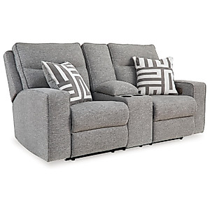 Signature Design by Ashley Biscoe Casual UV Resistant Power Reclining Loveseat with Console, Adjustable Headrest and USB Ports, Light Gray