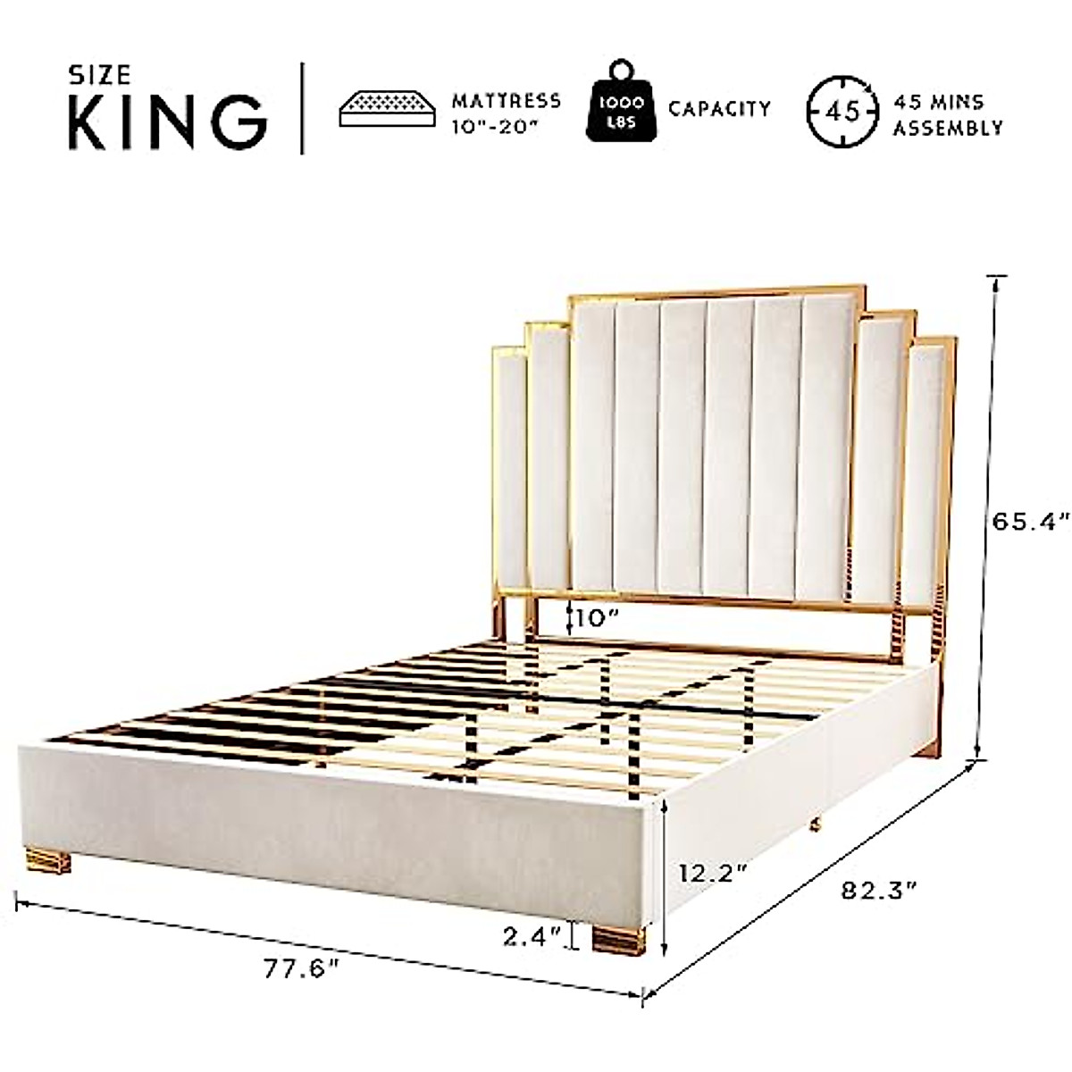 HOWE King Size Bed Frame and 65" Headboard, Upholstered Bed with Golden Plating Trim, Modern Platform Bed No Box Spring Needed, Cream