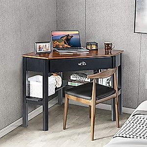 GOFLAME Computer Corner Desk, Wood Compact Home Office Writing Worstation with Drawer and Shelves, Laptop PC Corner Table for Small Space Home Office (Coffee)