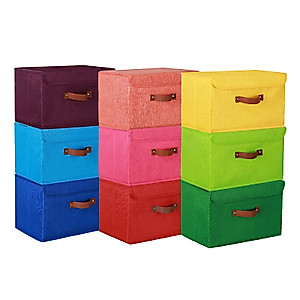 SAMORADREA 9 Pack Storage Basket Bulk Decorative Storage Bins Containers Fabric Bins with Lids for Shelves Drawers, Desktop, Closet, Playroom, Office, Bedroom (Rainbow, 15X10X10)