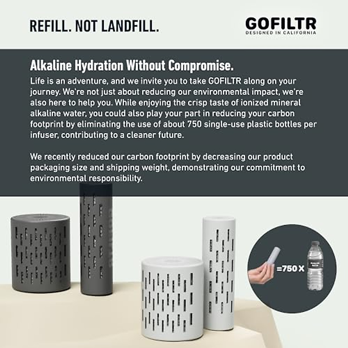 GOFILTR Alkaline Water Infuser - 9.5 pH + Electrolytes for Any Water Bottle/Small Pitcher, 750 Refills / 3 Months, Ionized Mineral Water Infuser (1 Pack)
