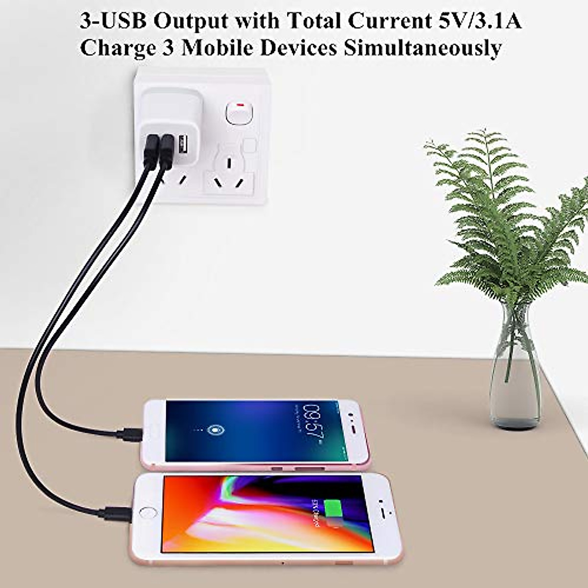 3 Port Wall Charger, 5V 3.1A USB Plugs, MultiPort Travel USB Wall Plug Home Charging Block Cube Compatible iPhone 13 12 11 Pro XS Max, Samsung Galaxy S22 S21 FE S10, Note 20 10,V35 THINQ Q7 G7