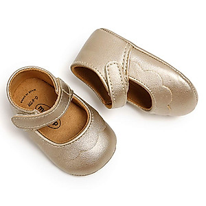 SOFMUO Baby Girls Mary Jane Flats Non-Slip Soft Rubber Sole Infant Sneakers Toddler Princess Dress Walking Shoes(Gold,12-18 Months)