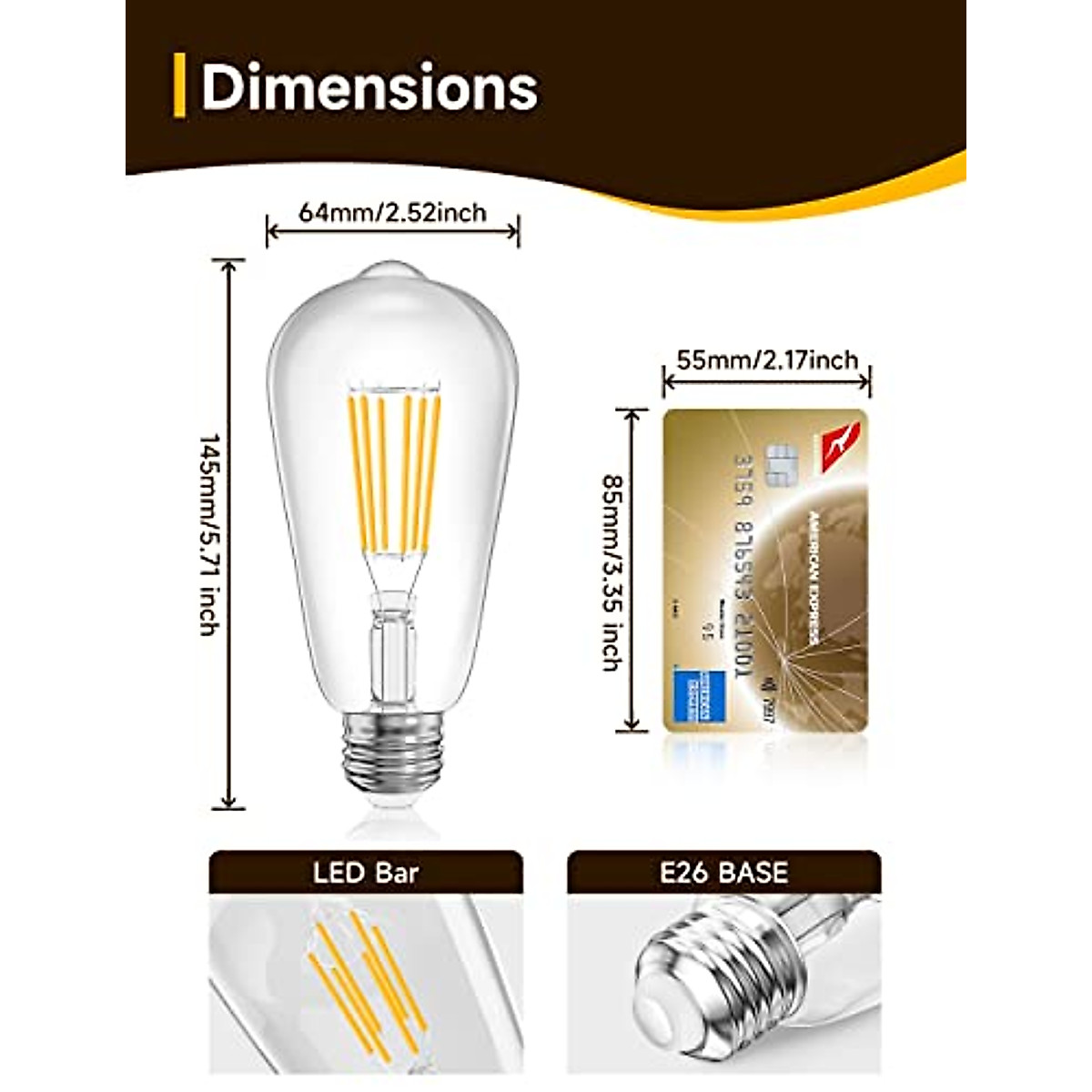 UNILAMP E26 LED Bulb 60 Watt Equivalent Dimmable, 6W Edison Light Bulb, 2700K Warm White, 600LM, ST64 E26 Edison Dimmable Bulb, Vintage LED Filament Bulbs, 2 Pack
