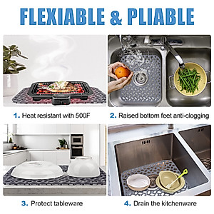 JUSTOGO Silicone Sink Mat, Grey Kitchen Sink Mats Grid Accessory, 2 PCS Folding Non-Slip Sink Protector for Kitchen Bottom of Farmhouse Stainless Steel Porcelain Sink (Center Drain, 13.58''x 11.6'')