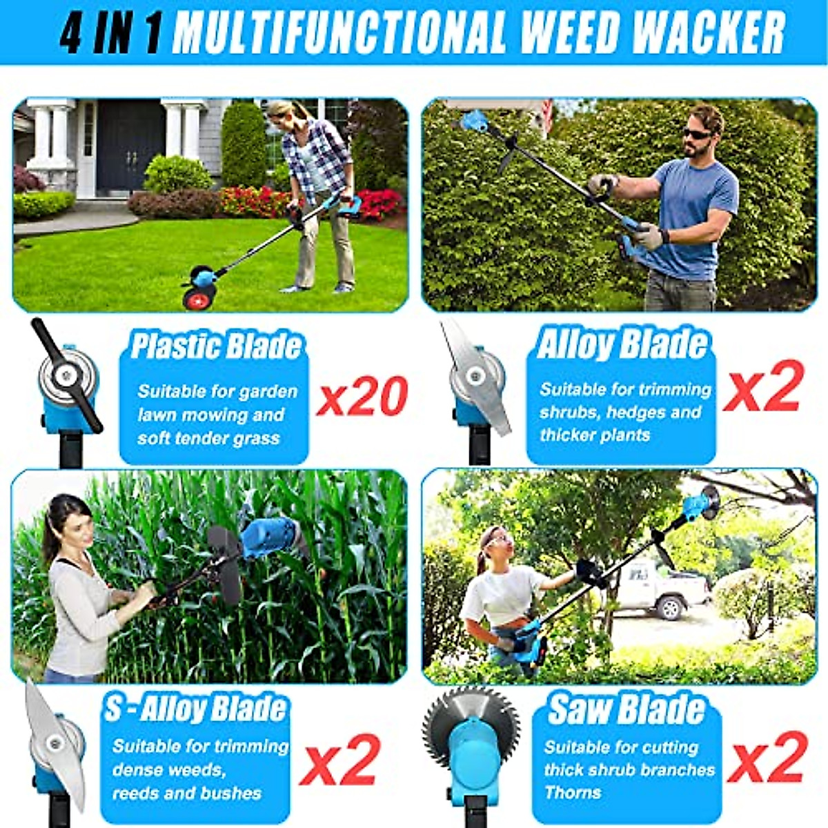 Cordless Weed Wacker Electric Weed Eater with 2 x 21V/2.0Ah Battery Powered and Charger, 3-in-1 Lightweight Brush Cutter Edger Lawn Tool No-String Grass Trimmer Push Wheeled Lawn Mower for Yard Garden