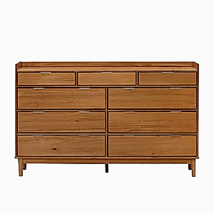 Walker Edison Blythe Mid-Century Modern Tray-Top Solid Wood 9-Drawer Dresser, 60 Inch, Caramel
