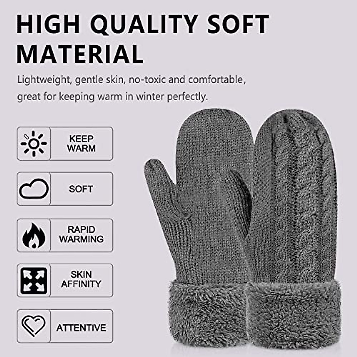 Women's Winter Gloves Warm Lining - Cozy Wool Knit Thick Gloves Mittens in 11 color (Beige+dark gray)