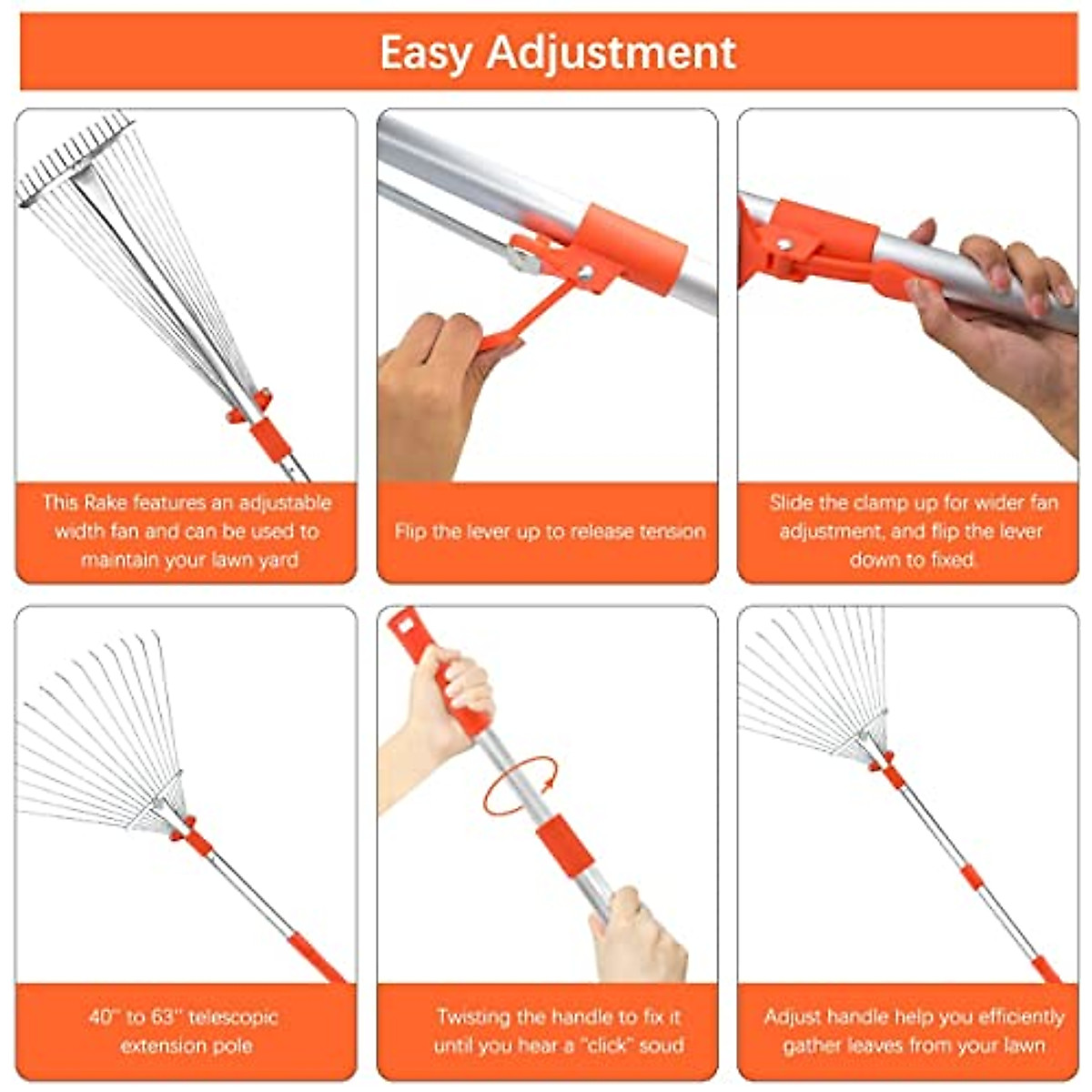Karveden Adjustable Leaf Rake Garden- Expandable Metal Rakes for Lawns Yard Roof , Outdoor Portable Gardening Tools 8 to 63 Inch Telescopic Rake Easy to Clean Weed, Flowers,Leaves (Orange)